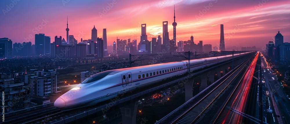 A striking image of a modern bullet train racing along elevated tracks ...