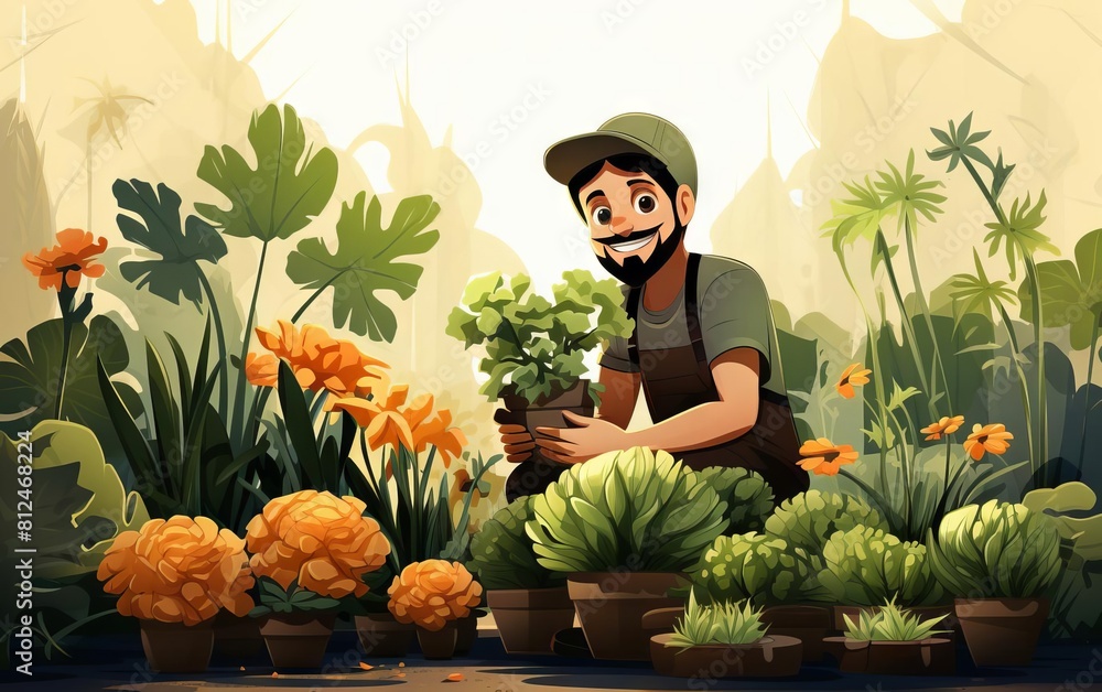 Coriander gardener flat design front view horticultural fair theme ...
