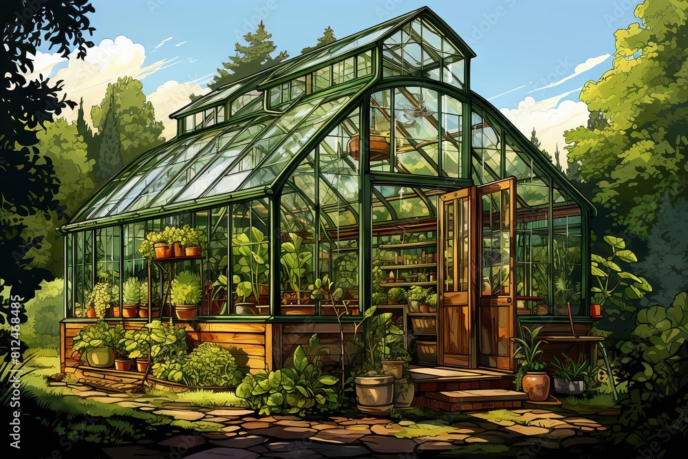 Coriander glass house flat design top view summer greenhouse theme ...