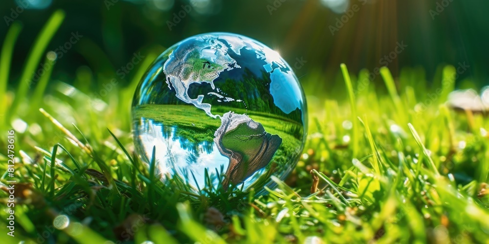 Transparent globe with detailed world map in a natural grass setting ...
