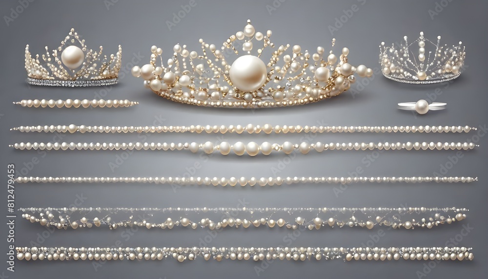 white realistic pearl dividers set collection with diadem isolated on ...