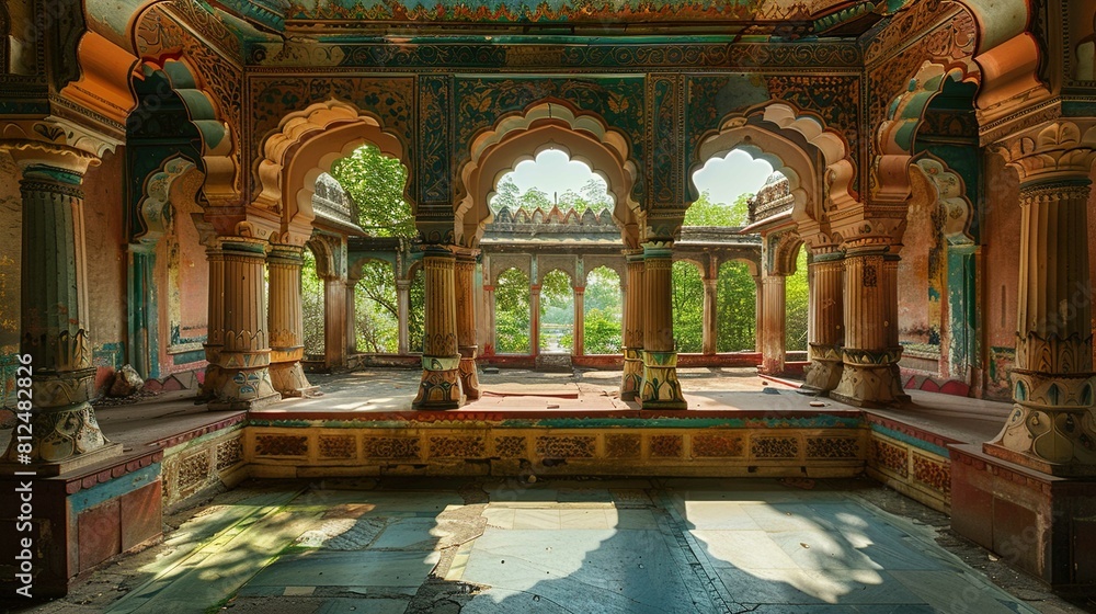 The image showcases an ornately decorated but somewhat dilapidated ...