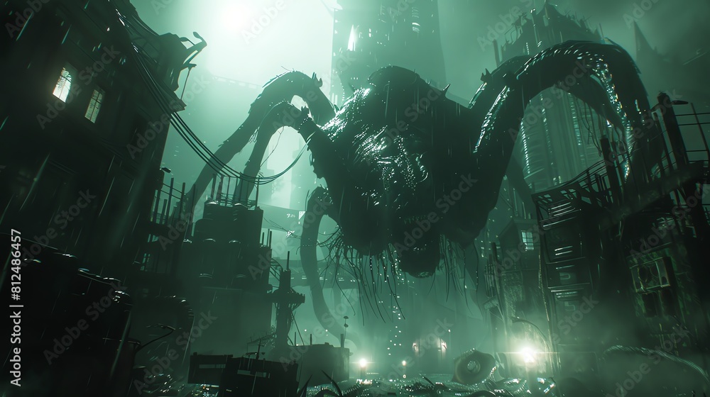 A giant spider-like creature is destroying a city. The creature is ...