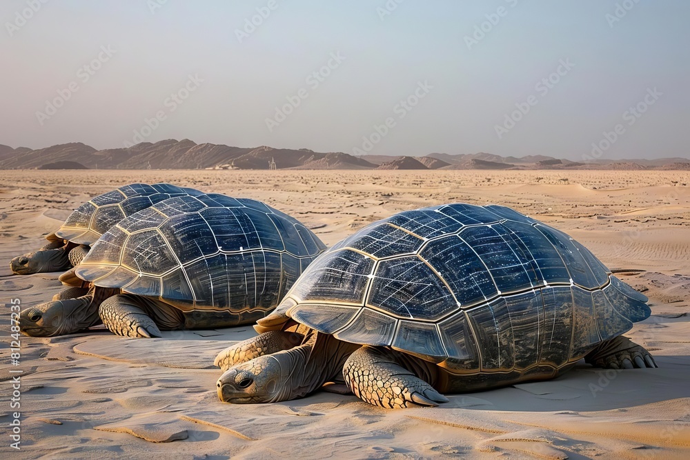 Solar panels on the shells of giant tortoises slowly moving through a ...