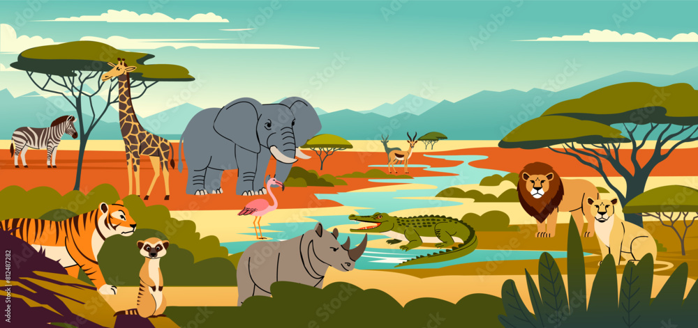 Animals zoo. African savanna landscape. Wild nature park. Jungle bird ...