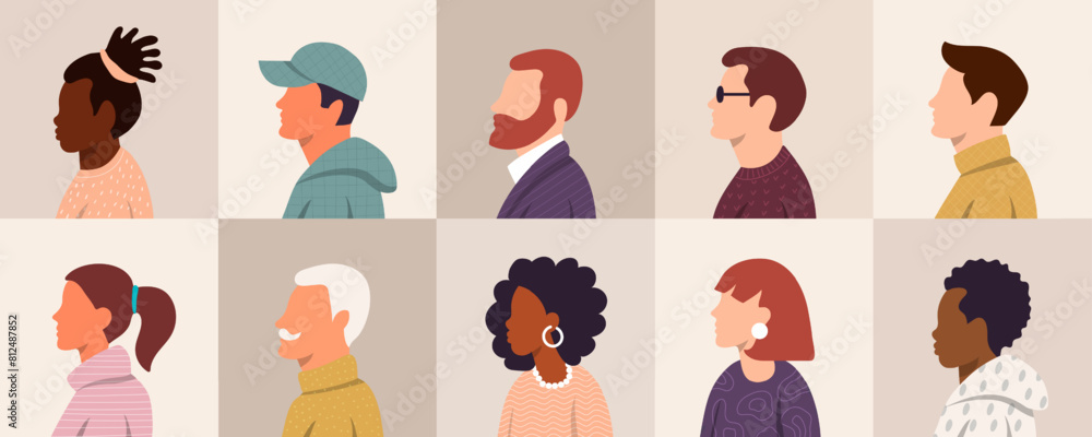 Face side view. People avatar, woman and man portrait in minimal flat ...