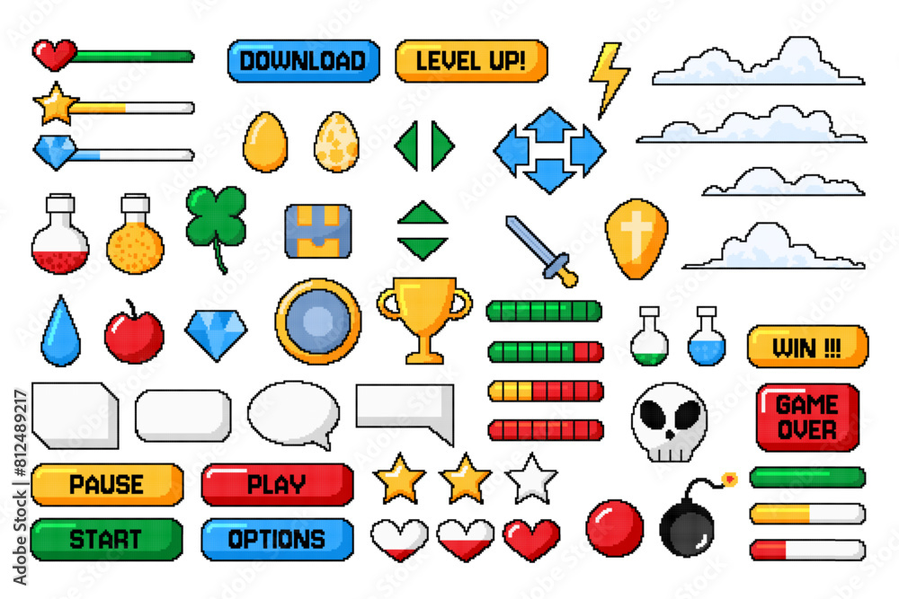 Games buttons. Pixel retro icons. Bit video gaming. Win arcade. GUI ...