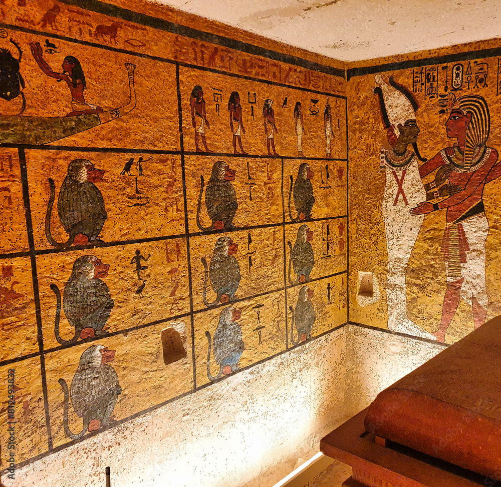 Painted wall panel of 12 Baboons from the Funerary text book of Amduat ...