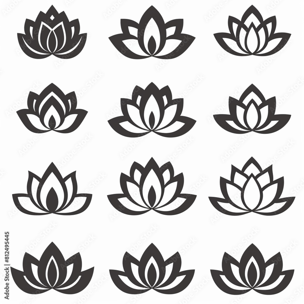 set of simple vector lotus flower icons, black and white, in the style ...