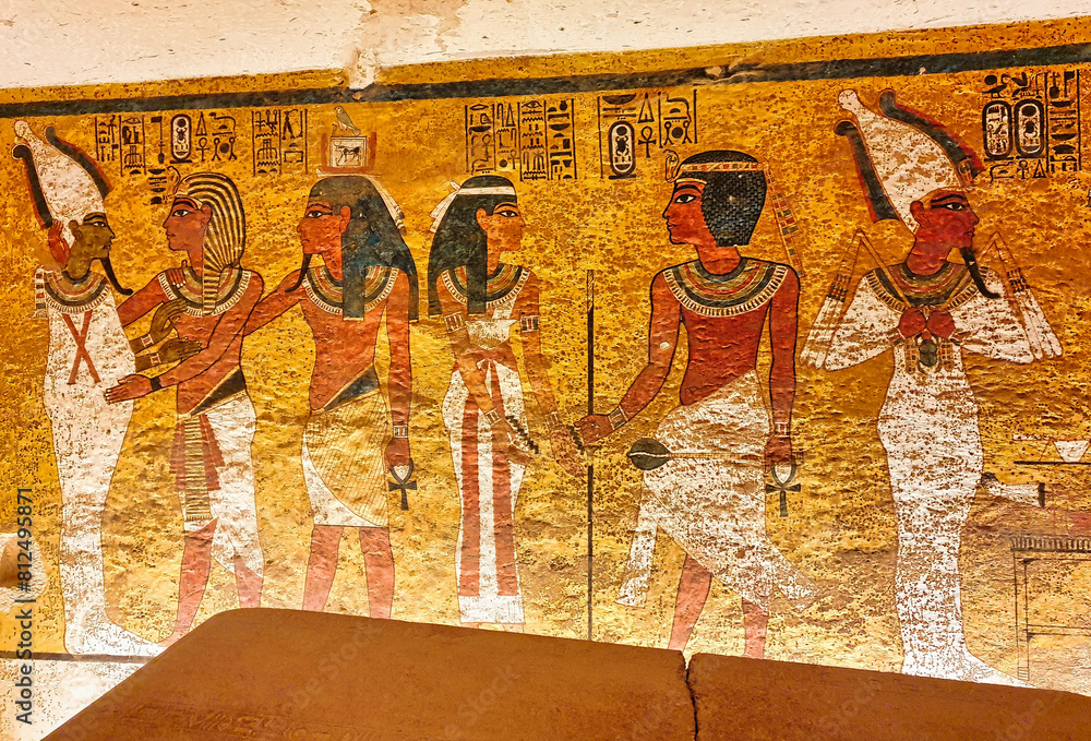 Painted wall relief depicting Tutankhamun and his soul,Ka,embracing ...