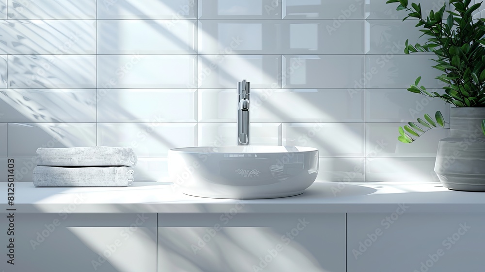 empty white vanity counter with a ceramic washbasin and a contemporary ...