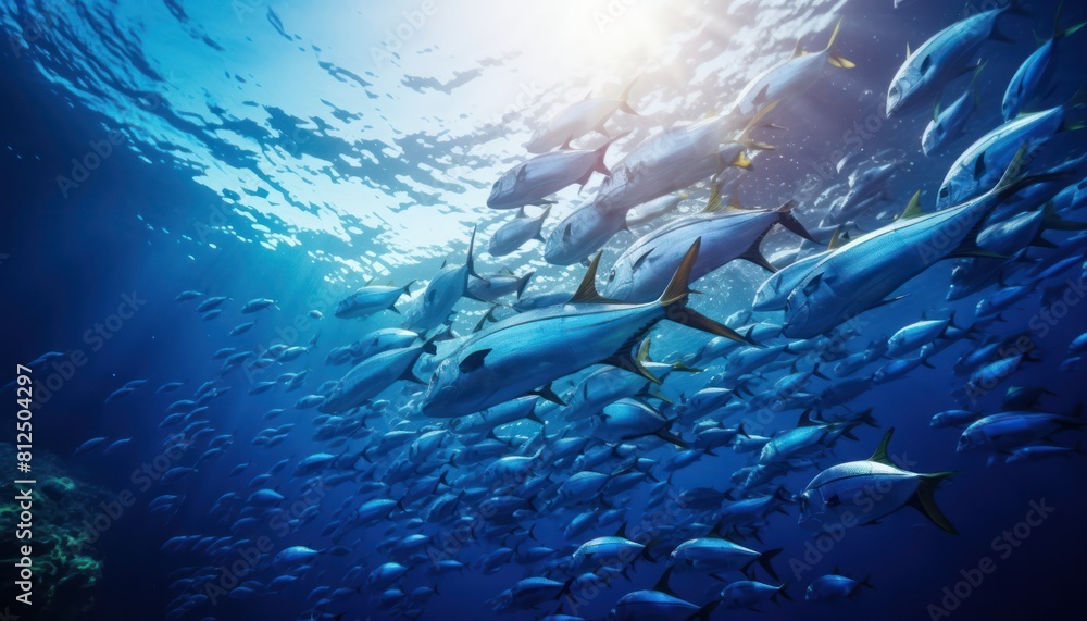 Groups of giant Tuna fish in the underwater, coral reef, amazing ...