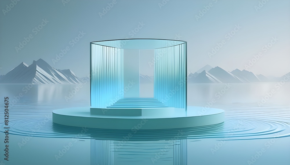 3D Glass display scene composed of transparent cuboids, crystal balls ...