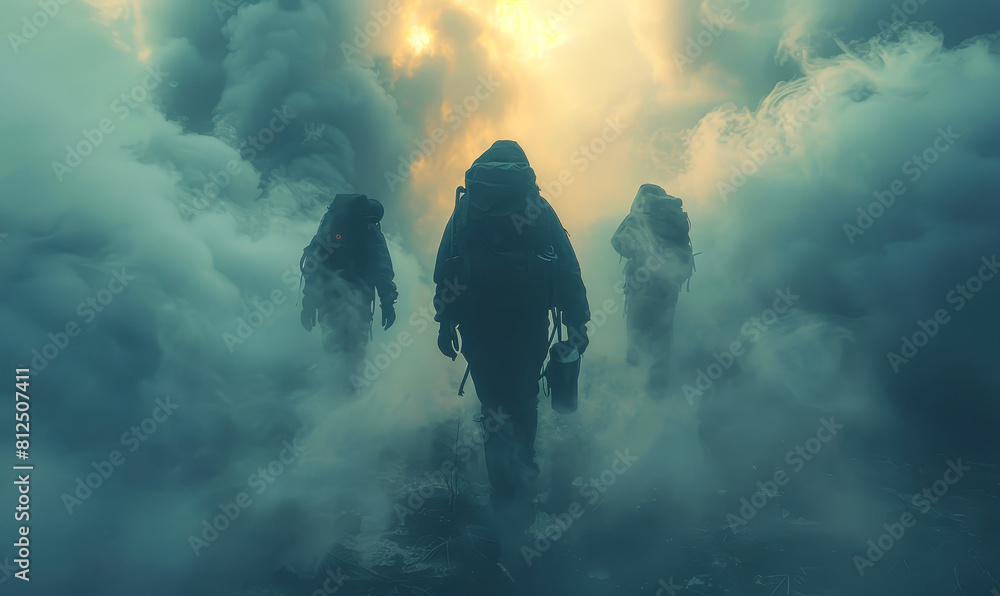 Eerie Silhouettes Walking in Dense Smoke Under a Glowing Sky ...