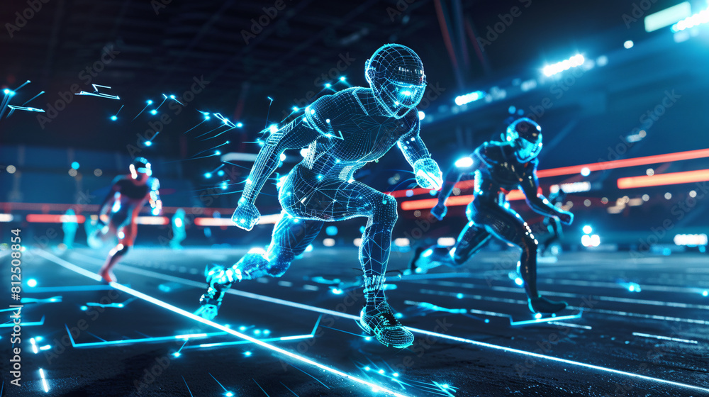 Design a futuristic depiction of AI-enabled sports analytics, featuring ...