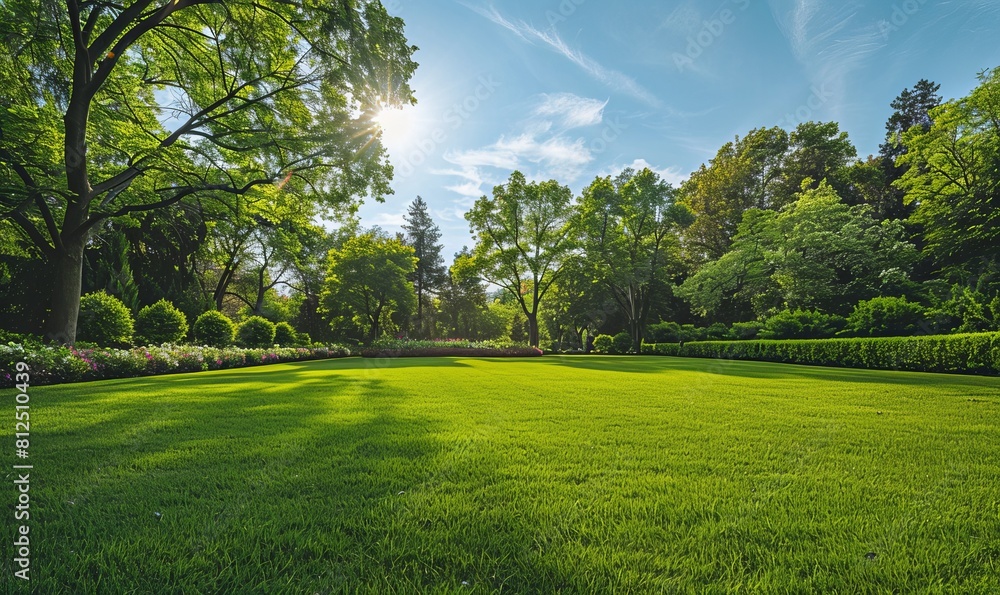 A beautifully maintained garden with bold sun rays casting dynamic ...