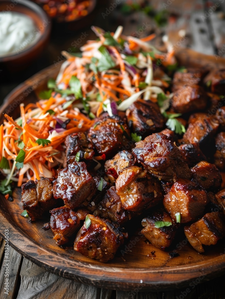 Authentic Haitian griot, marinated and fried pork cubes, served on a ...