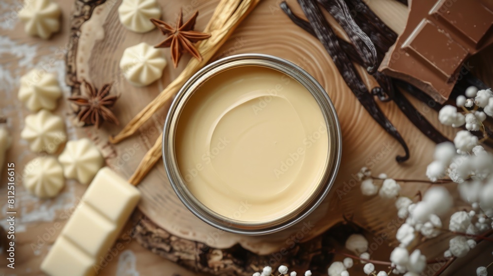Overhead shot of a paint can showcasing Cream Brulee, a rich creamy ...