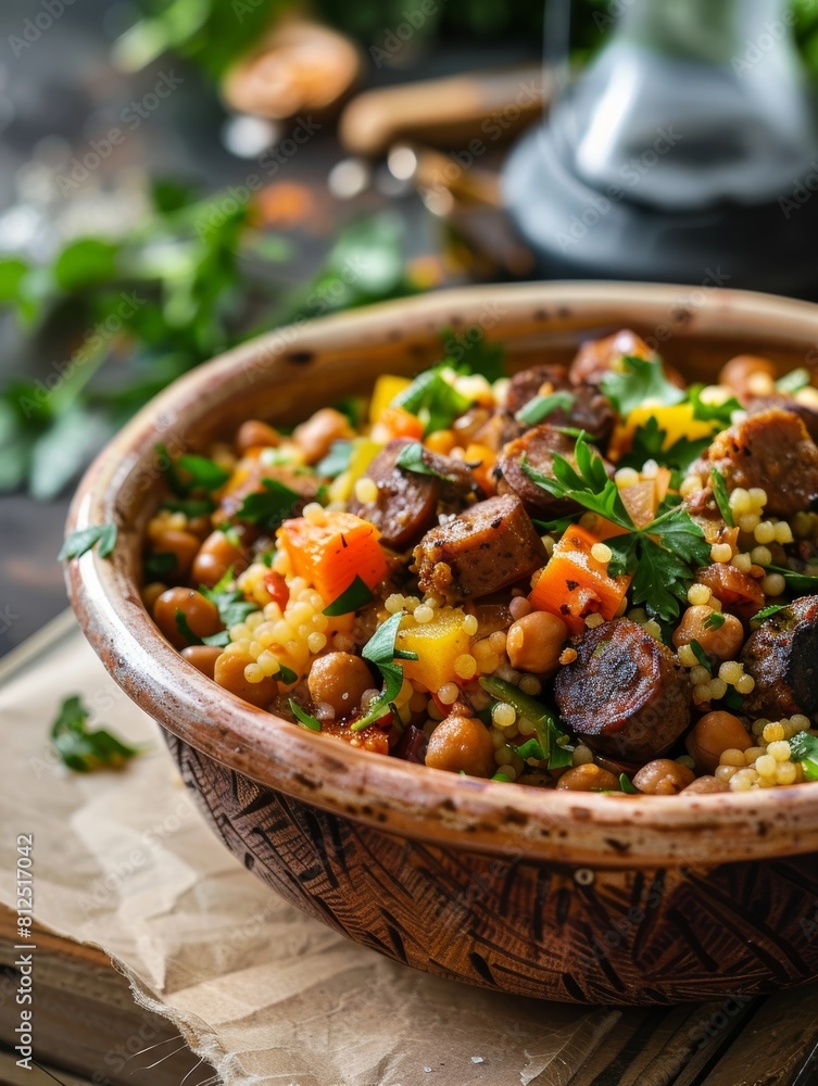 A vibrant bowl of Algerian couscous, featuring fluffy semolina grains ...