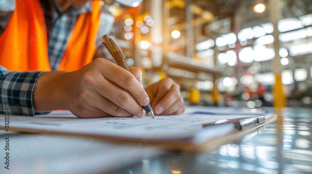 Professional industrial engineer with blueprints checking and analysis ...