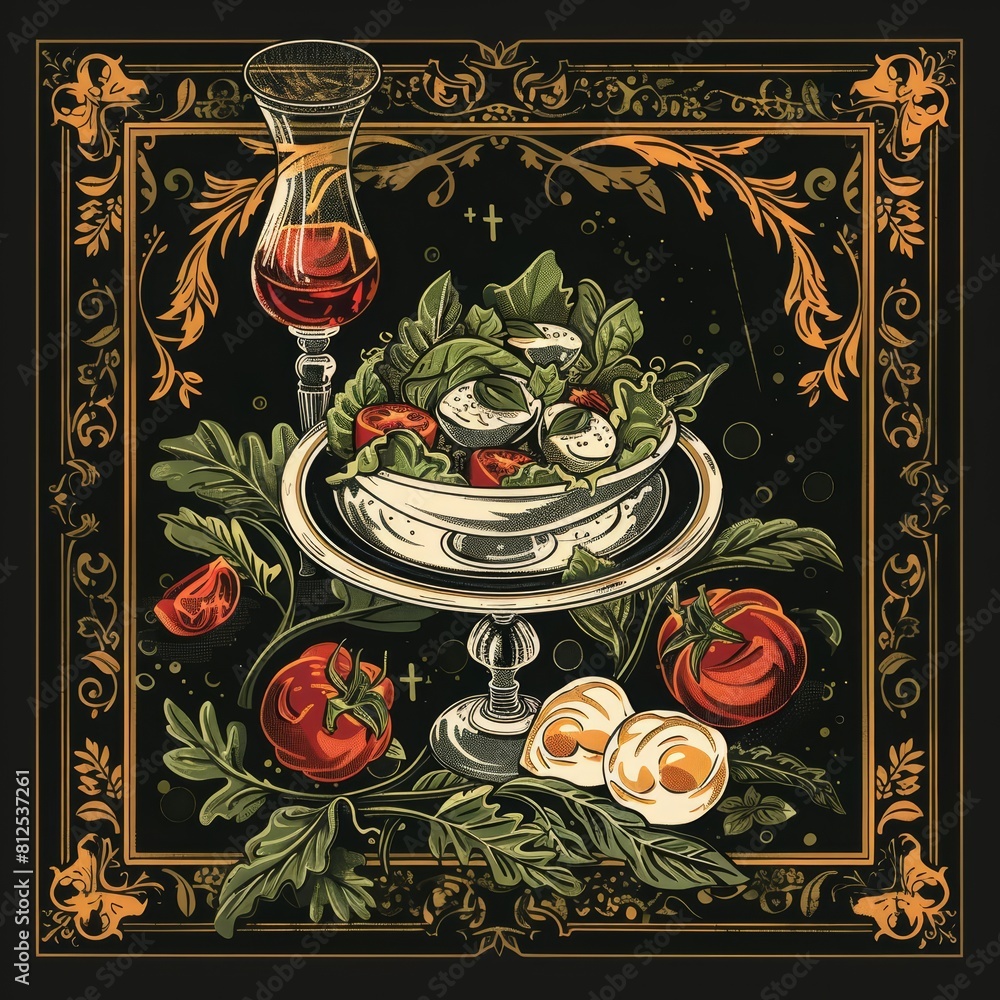 An elegant graphic design featuring a Caprese salad, stylized with ...
