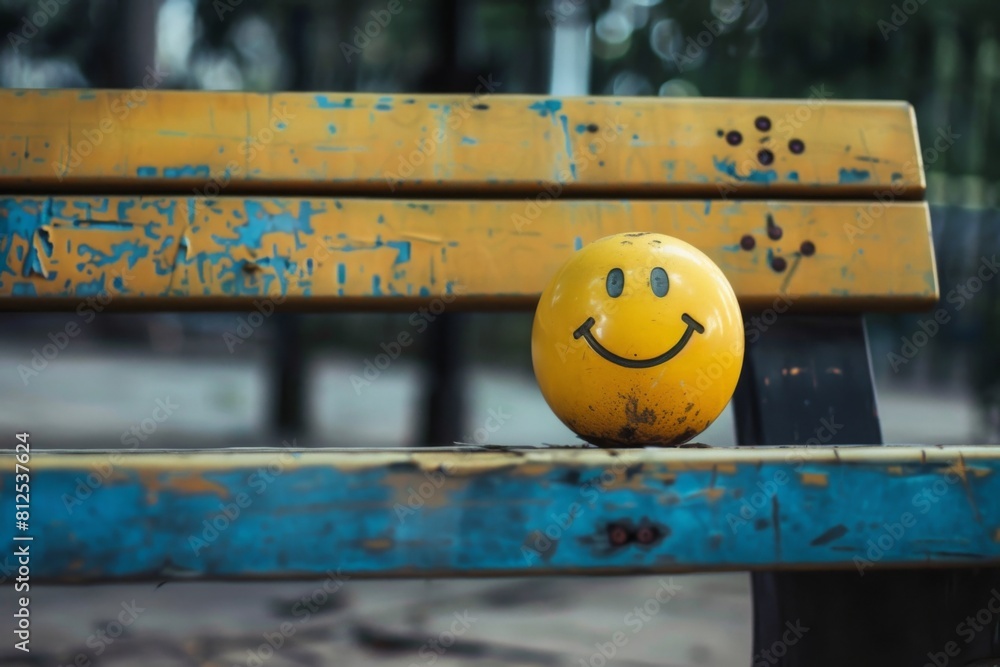 Yellow smiley face ball sitting on a bench in front of a park ...