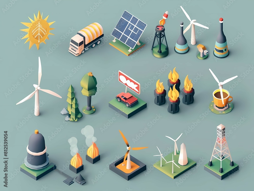 A collection of isometric energy icons. The icons include a variety of ...
