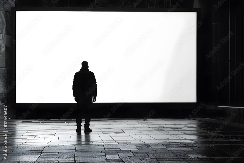 Dark man silhouette walking by big blank white screen with space for ...