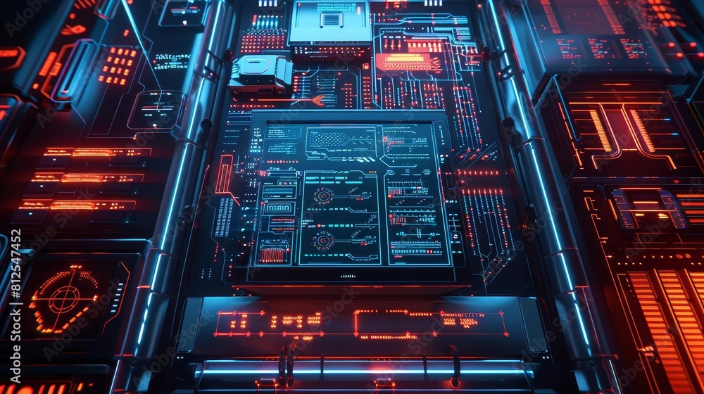 The image is a circuit board. The colors are red, blue, and black. The ...