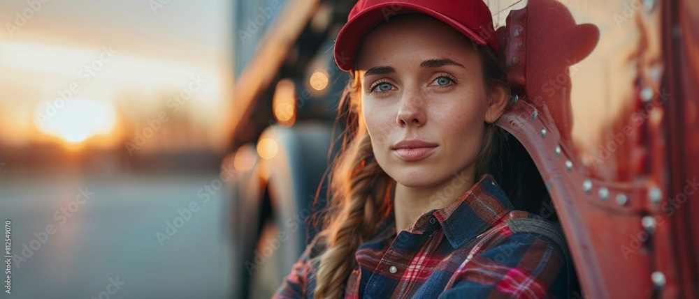 A powerful depiction of a beautiful young woman truck driver, standing ...