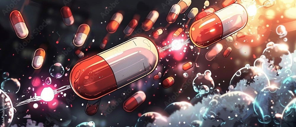 An artistic composition featuring orange and white capsules floating ...