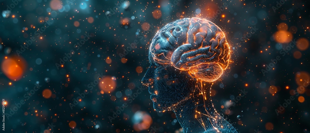 A visualization of the brain and thinking process in a human head ...