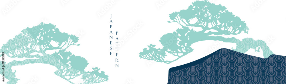 Japanese background with black and blue texture vector. Bonsai tree and ...