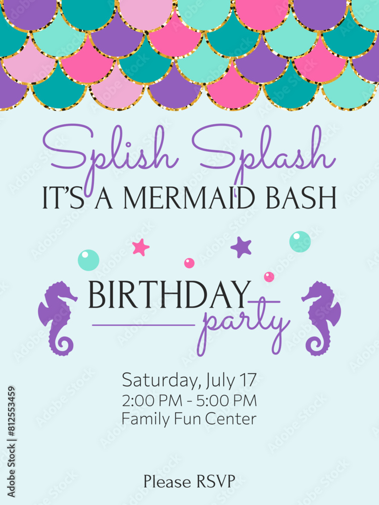 Mermaid Birthday Party Invitation with Gold Scales Stock Vector | Adobe ...