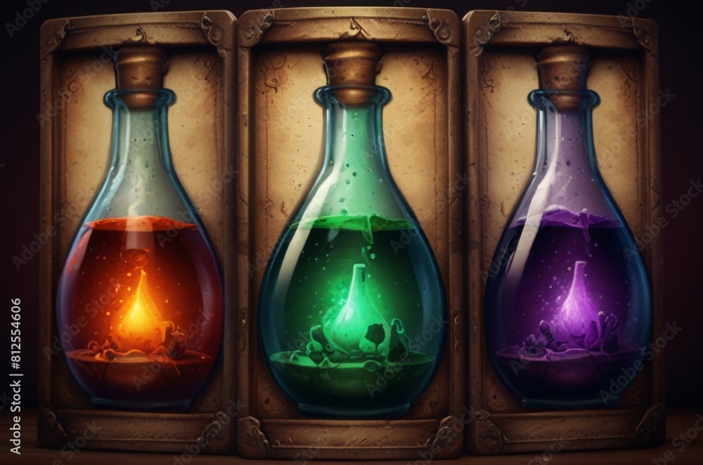 An array of various 2D game graphics featuring spell icons, potion cards, and isolated images ...
