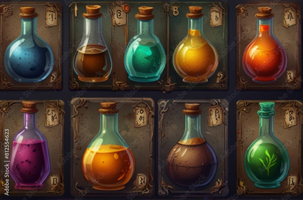 An array of various 2D game graphics featuring spell icons, potion ...