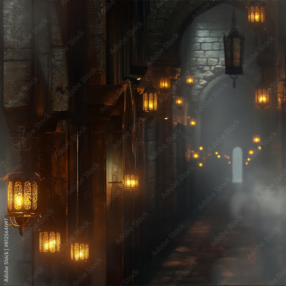 Gothic Architecture in Moonlight, Dark Blue Tones, Mysterious Alleyway Scene Stock Illustration ...