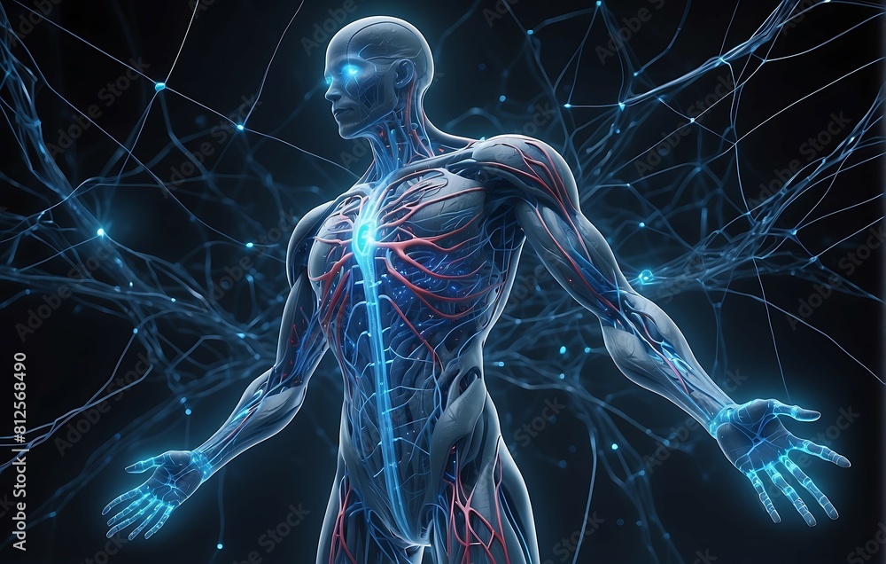 Human body with circulatory system on dark background. Stock Photo ...