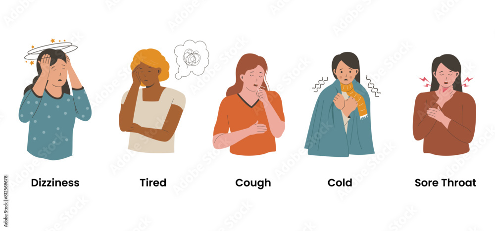 Set of sick woman characters. Sore Throat, Cold, Cough, Tired ...