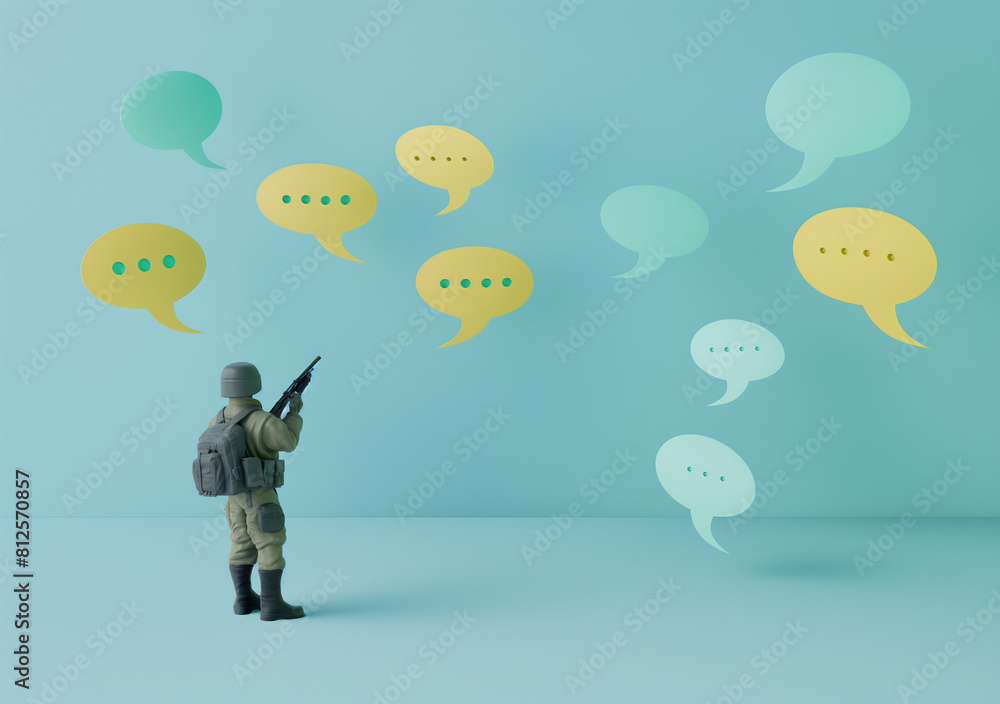 Miniature soldier is pointing with his gun flying speech bubbles ...