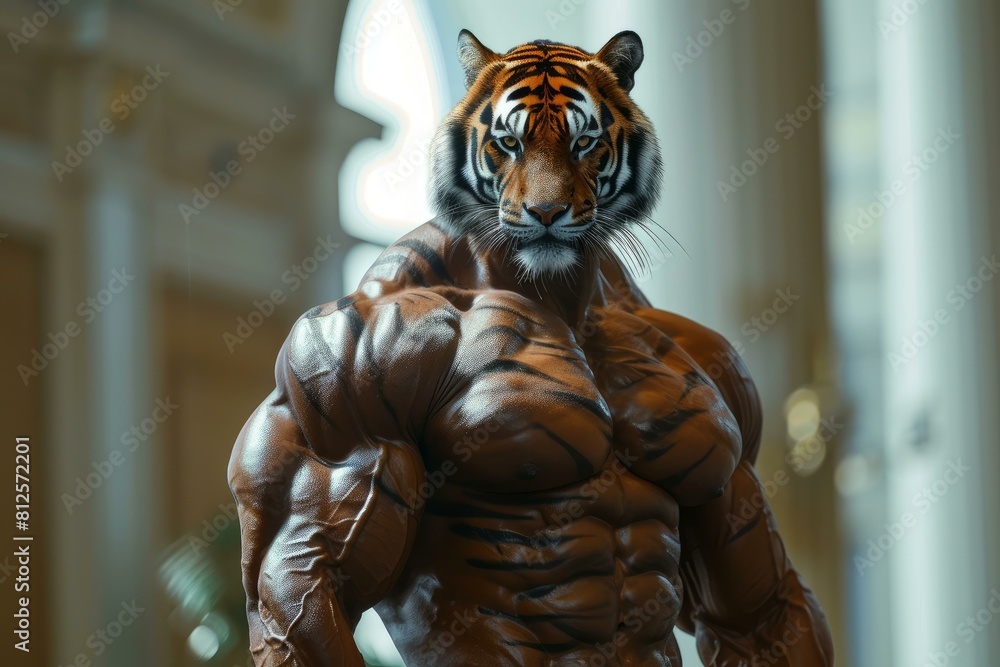 Surreal digital illustration of a muscular tiger-man bodybuilder posing ...
