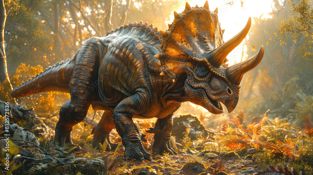 hyper-realistic shot of A Triceratops displaying its impressive array ...