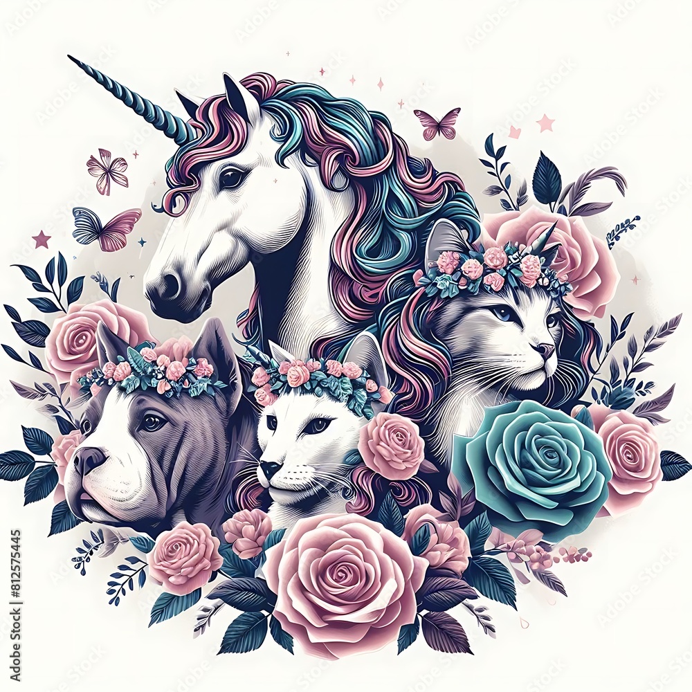 Many animals include dogs, cats, unicorns with unicorn and roses art ...