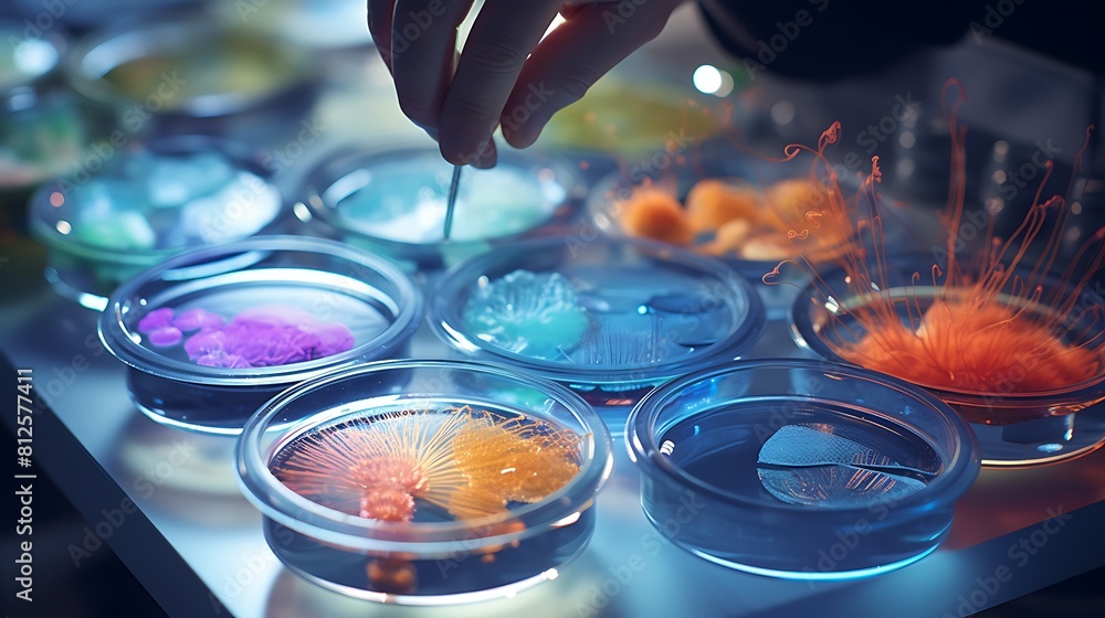 A microbiologist culturing bacterial colonies on agar plates ...