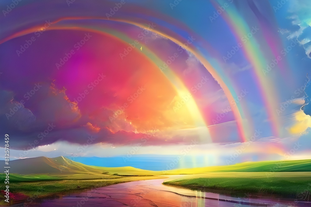 A vibrant rainbow arcing across the sky after a passing rain shower ...