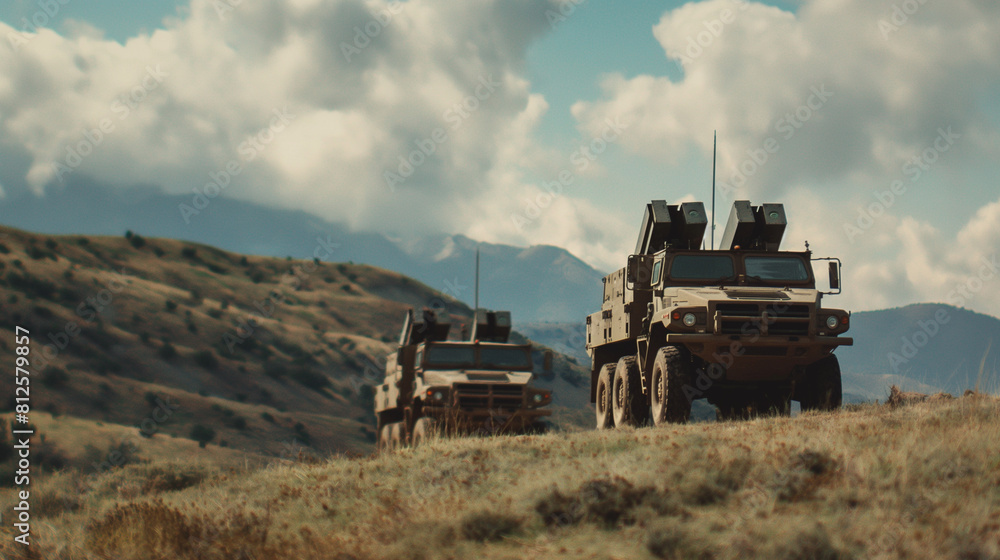 Mobile air defense units traverse the terrain, part of a modern air ...