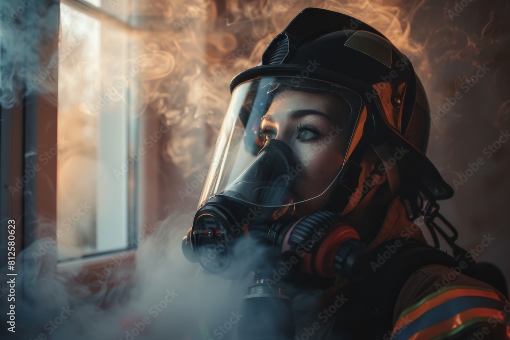 The image displays a firefighter with his helmet, peering through dense ...