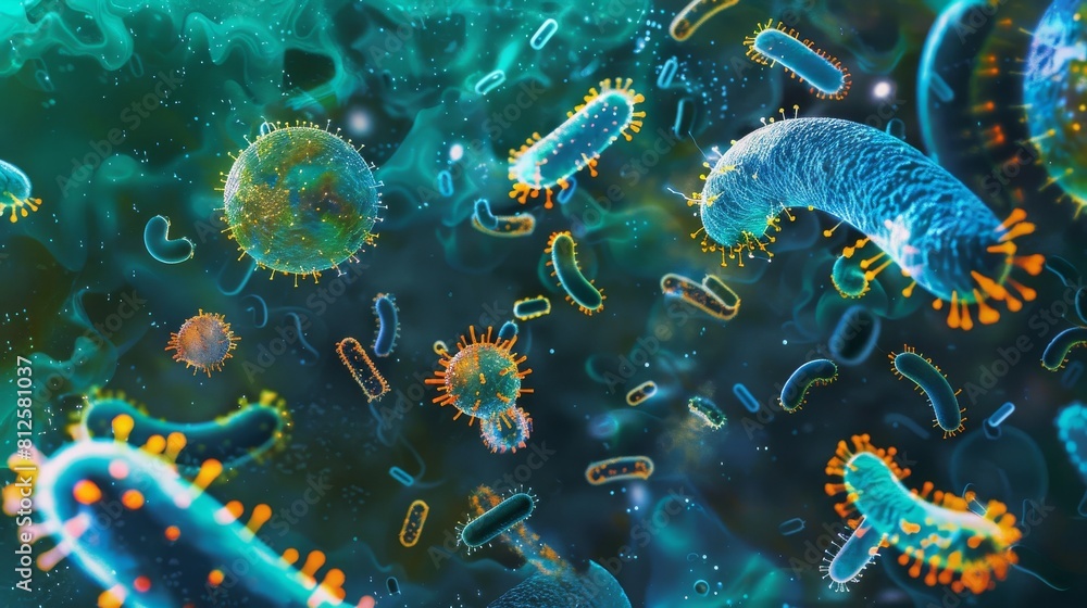 Abstract medical background with virus and bacteria cells, symbolizing ...