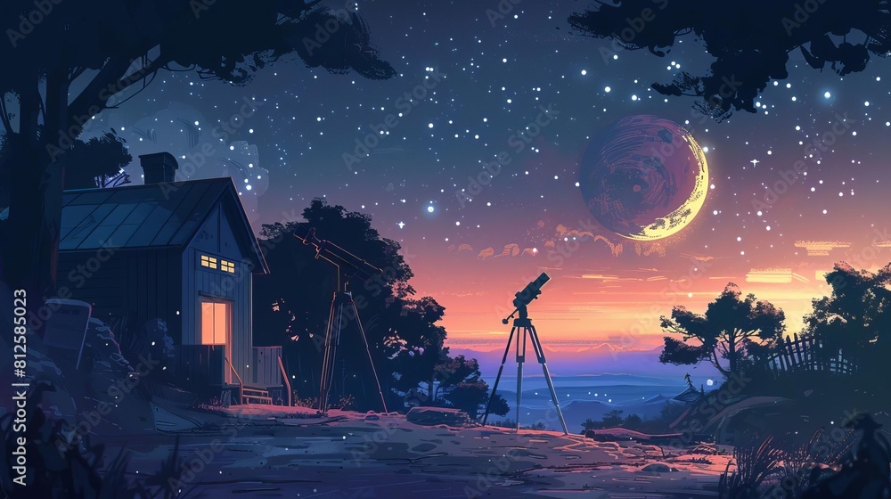 Sketch a scene of amateur astronomers setting up telescopes in a ...