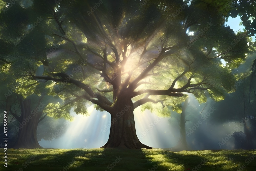 Sunlight streaming through the leaves of a majestic oak tree in a ...